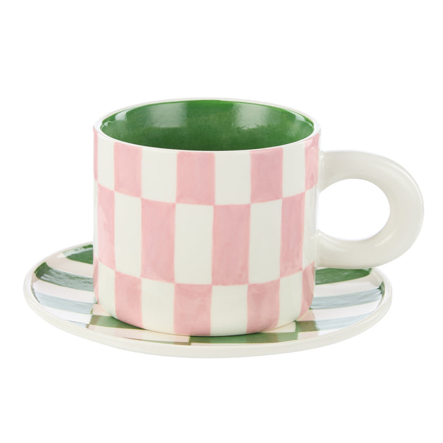 Emporium - Check Mug & Plate Set - Pink & Green - Red Sparrow Tea Company